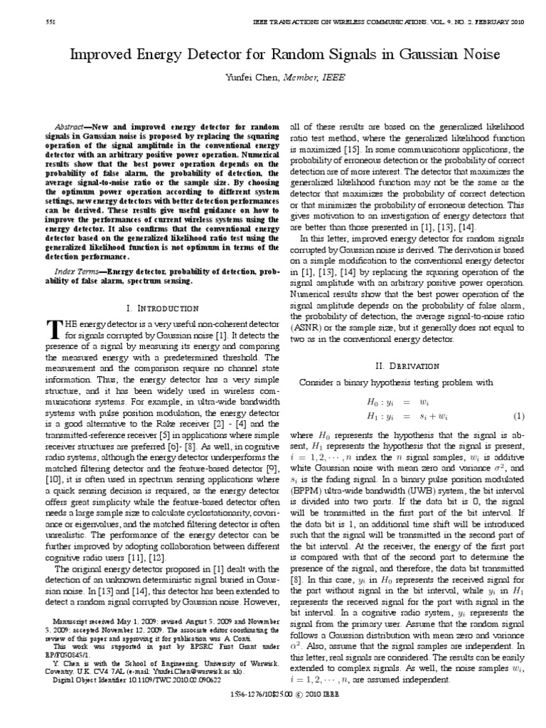 Improved Energy Detector For Random Signals in Gaussian Noise | PDF | Ultra Wideband | Signal To ...