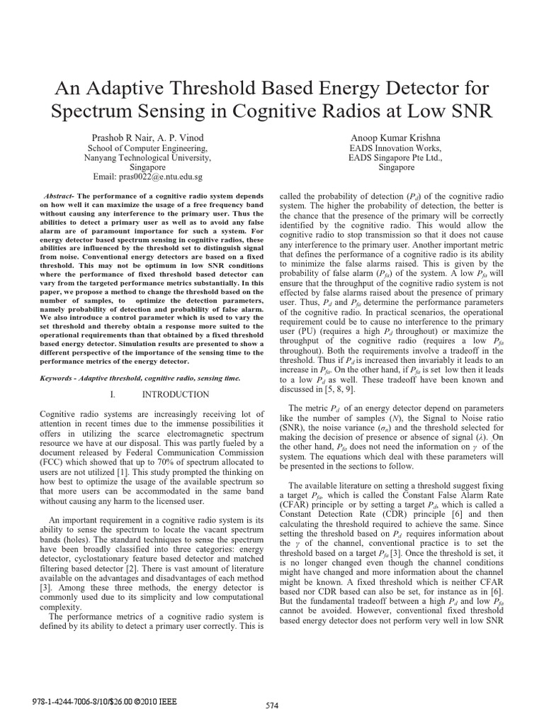 An Adaptive Threshold Based Energy Detector For Spectrum Sensing in Cognitive Radios at Low SNR ...