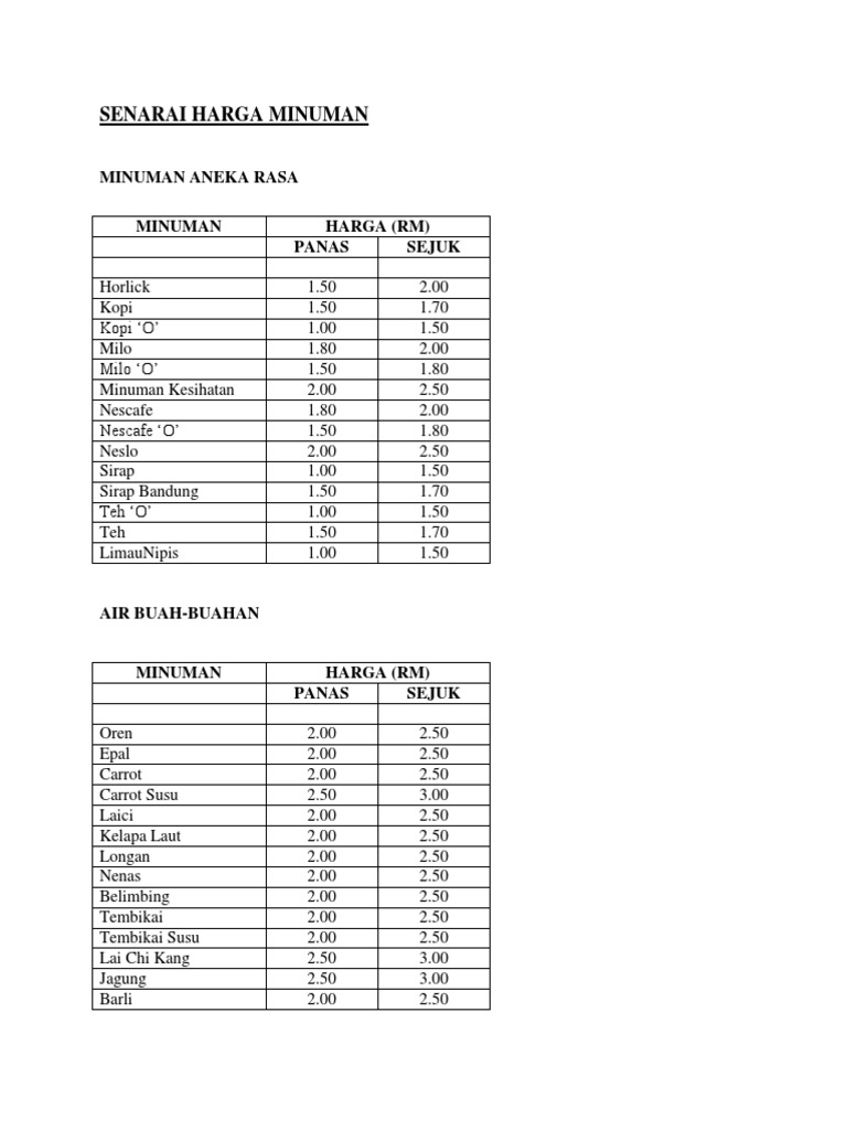 Senarai Harga Minuman | PDF Senarai Harga Minuman | PDF