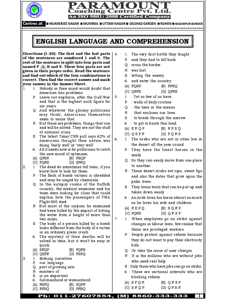 SSC Mains Mock Test - 14 (English) PDF | PDF | Optimism | Employment