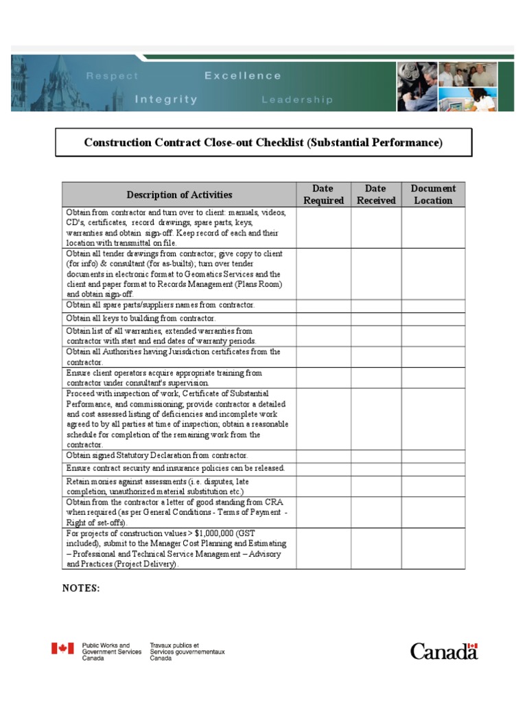 Construction Contract Close-out Checklist | PDF