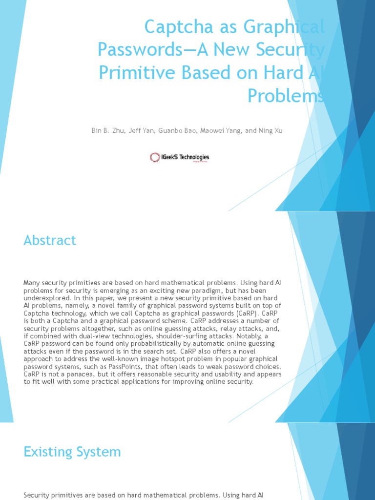 Captcha As Graphical Passwords A New Security Primitive Based On Hard AI Problems | PDF ...