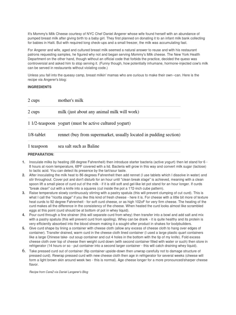 Human Milk Cheese Recipe | Milk | Cheese