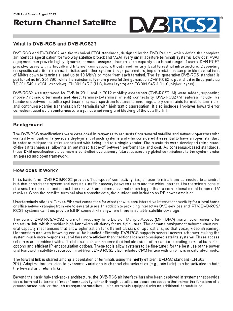 DVB RCS2 Factsheet | PDF | Internet Access | Very Small Aperture Terminal