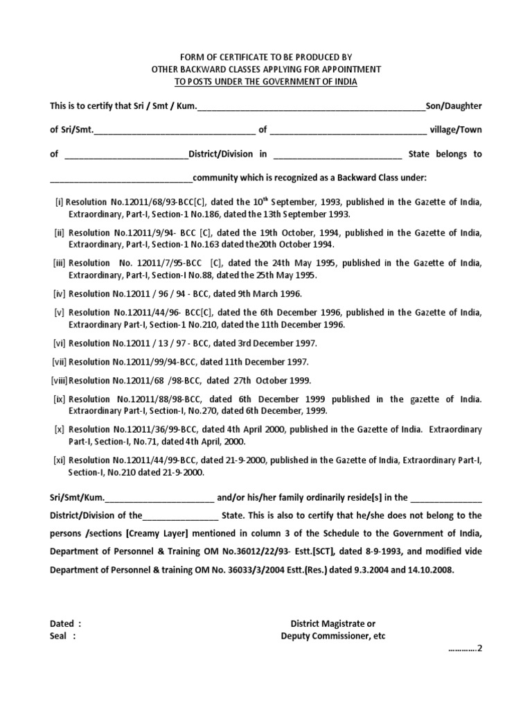Format OBC Certificate | Magistrate | Government Of India