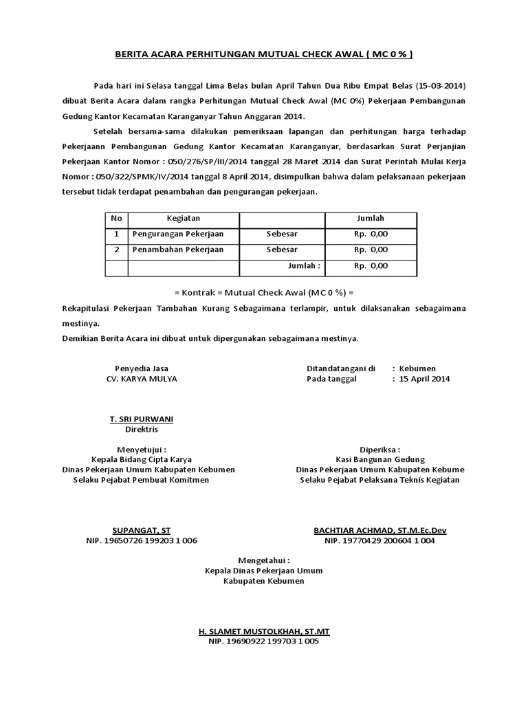 Berita Acara Perhitungan Mutual Check Awal | PDF