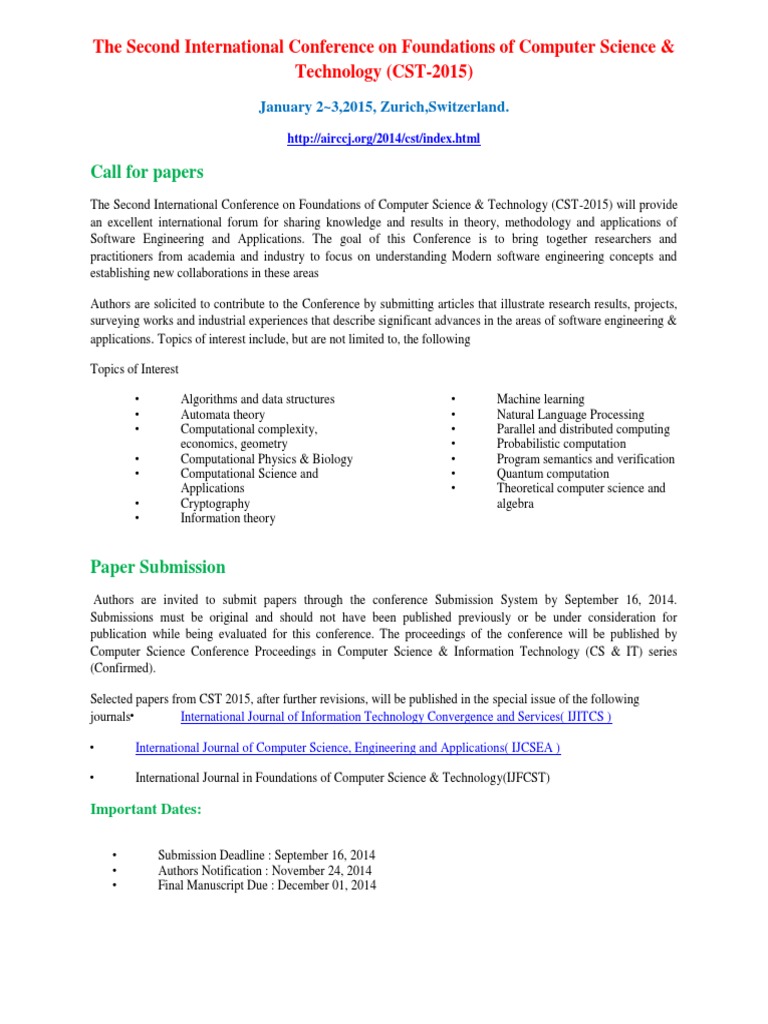Call For Papers: The Second International Conference On Foundations of Computer Science ...