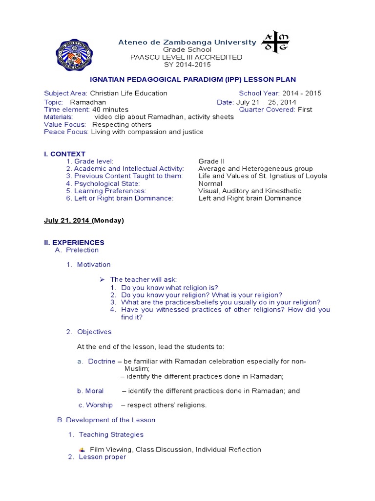 Ignatian Pedagogical Paradigm (Ipp) Lesson Plan: Ateneo de Zamboanga ...