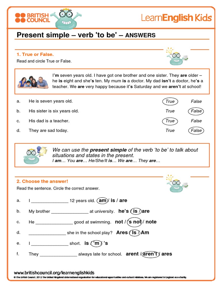 Present Simple - Verb 'To Be' - : Answers | PDF | Language Arts ...