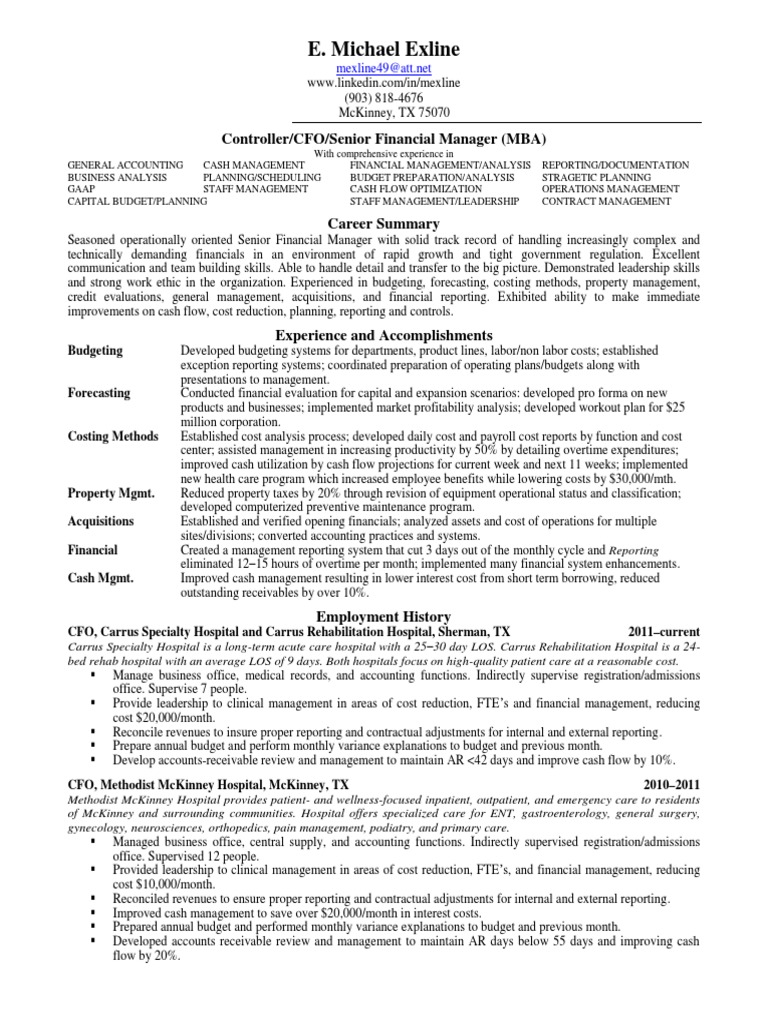 CFO Controller Healthcare Financial Reporting in Dallas TX Resume ...