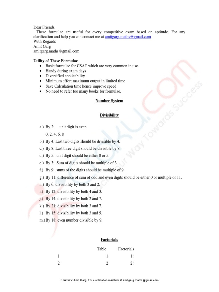 CSAT Formula | PDF | Numbers | Teaching Mathematics