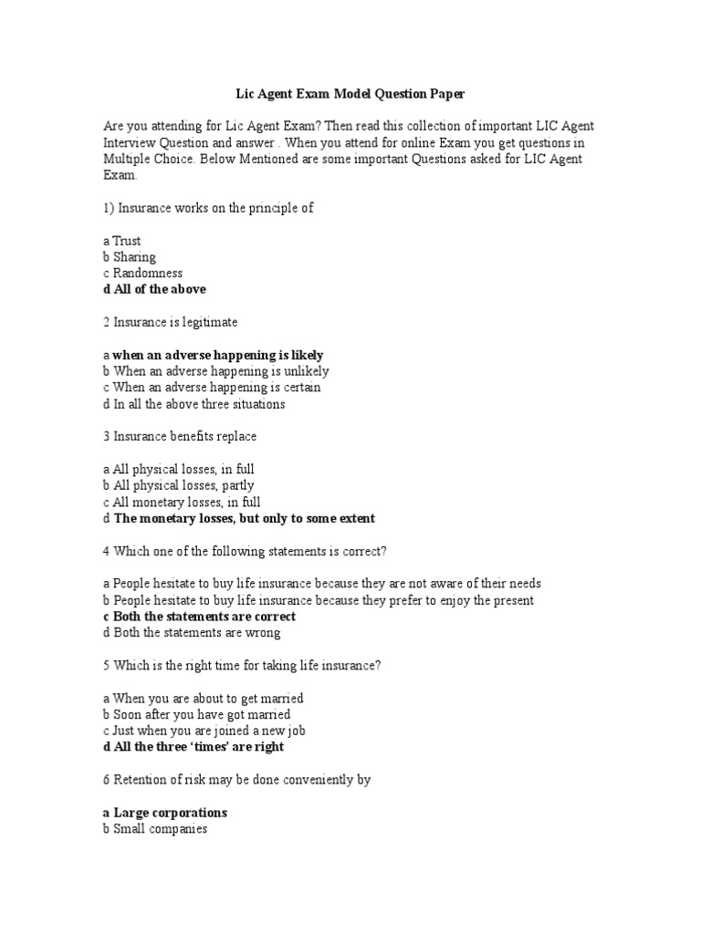 Lic Agent Exam Model Question Paper | PDF | Corporate Law | Insurance