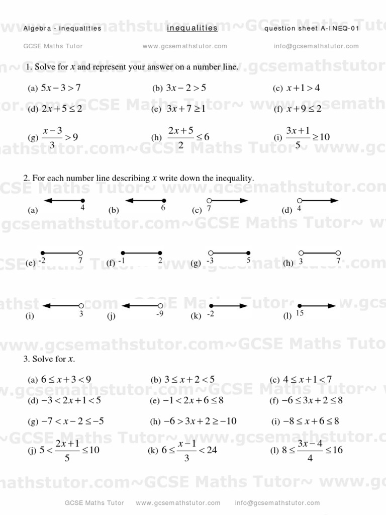 Inequalities Worksheet #01, Algebra Revision From GCSE Maths Tutor ...