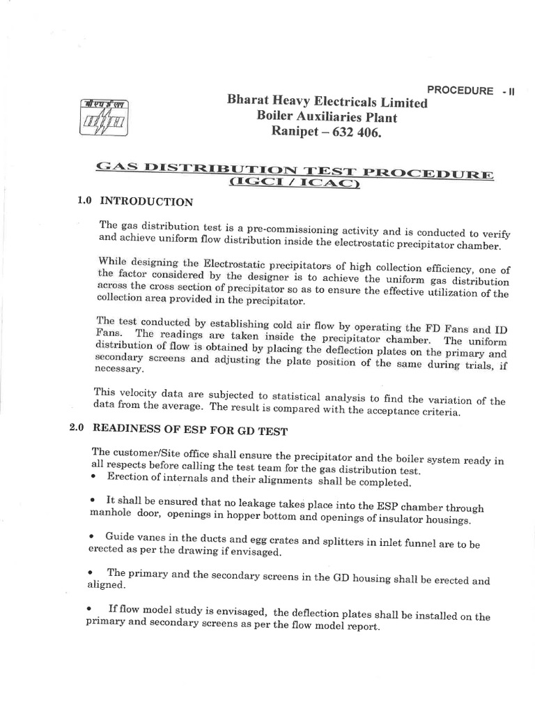 Gas Distribution Test Procedure (BHEL) | PDF
