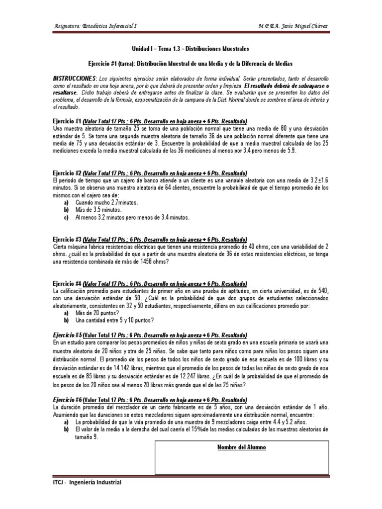 Unidad I - Ejercicio #1 (Tarea) Dist. Muestral de Una Media y Diferencia de Medias | PDF ...