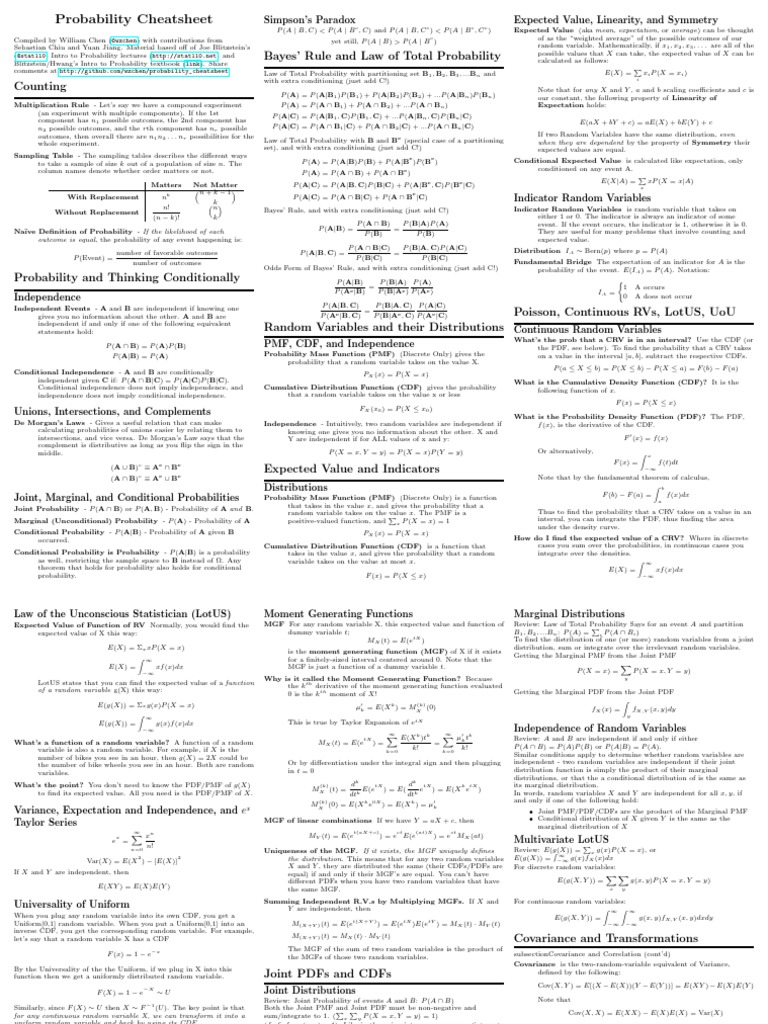 Probability Cheatsheet 140718 | Covariance | Normal Distribution