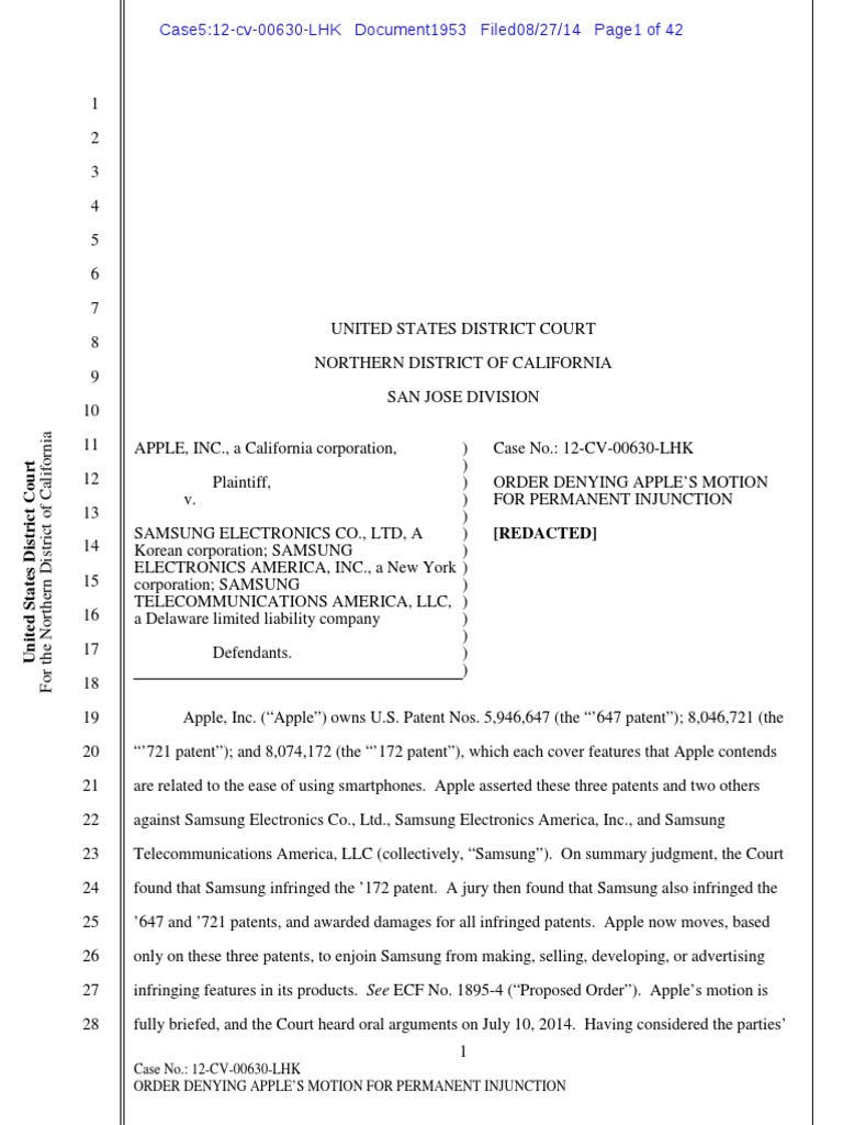 14-08-27 Order Denying Apple Motion For Permanent Injunction Against Samsung | PDF | Input ...