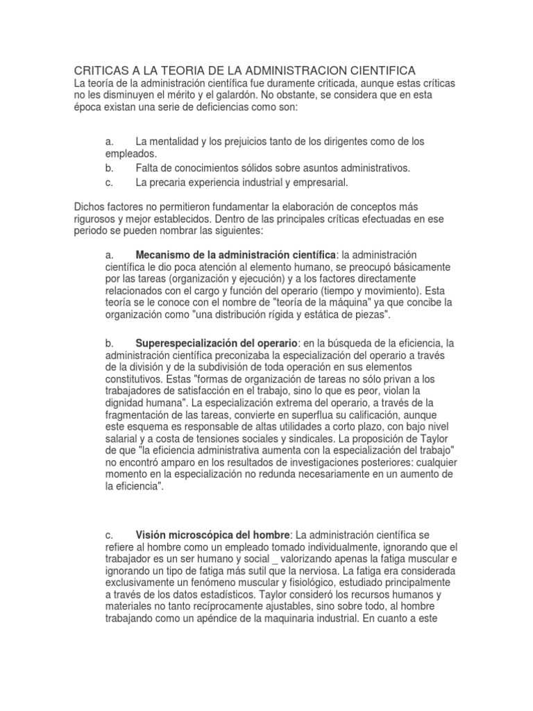 Criticas A La Teoria de La Administracion Cientifica | PDF | Método científico | Science