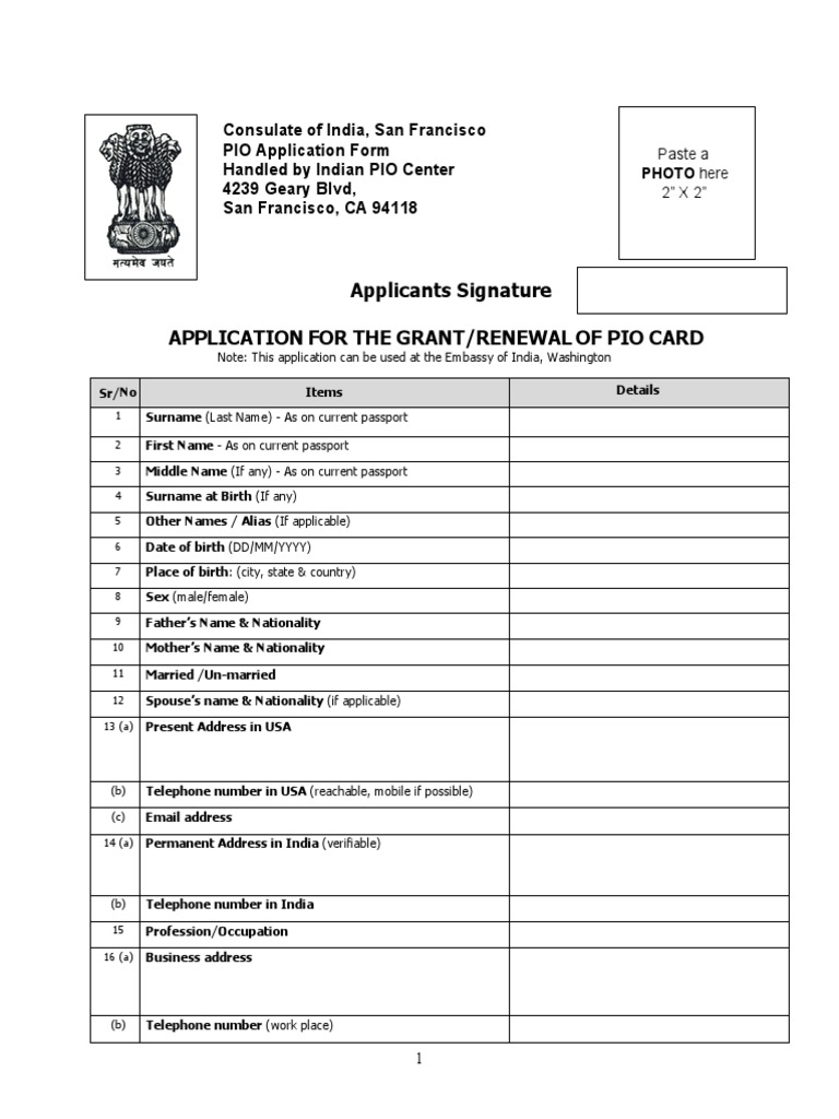 Applicants Signature Application For The Grant/Renewal of Pio Card | PDF | Government | Official ...
