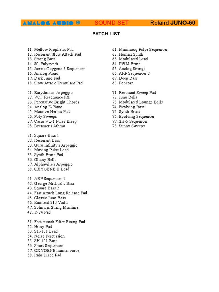 PATCH LIST AnalogAudio Juno-60 | PDF | Synthesizer | Sound Production