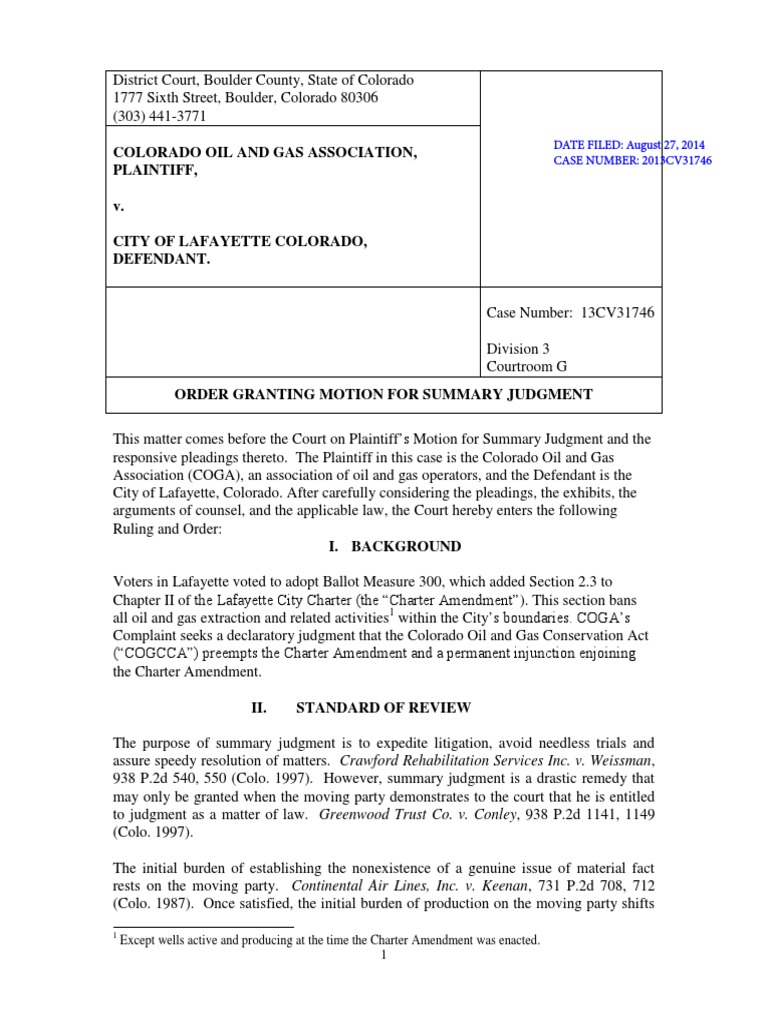 Order Granting Motion of Summary Judgment in COGA Vs City of Lafayette ...