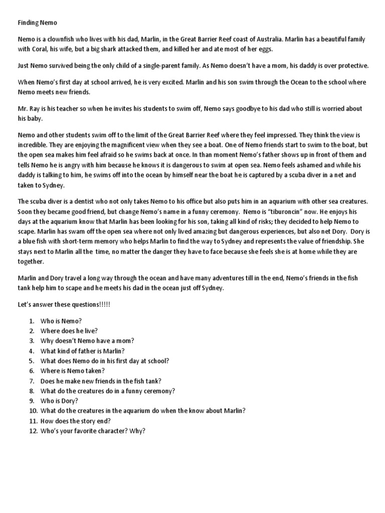 Finding Nemo Summary | PDF | Leisure | Nature