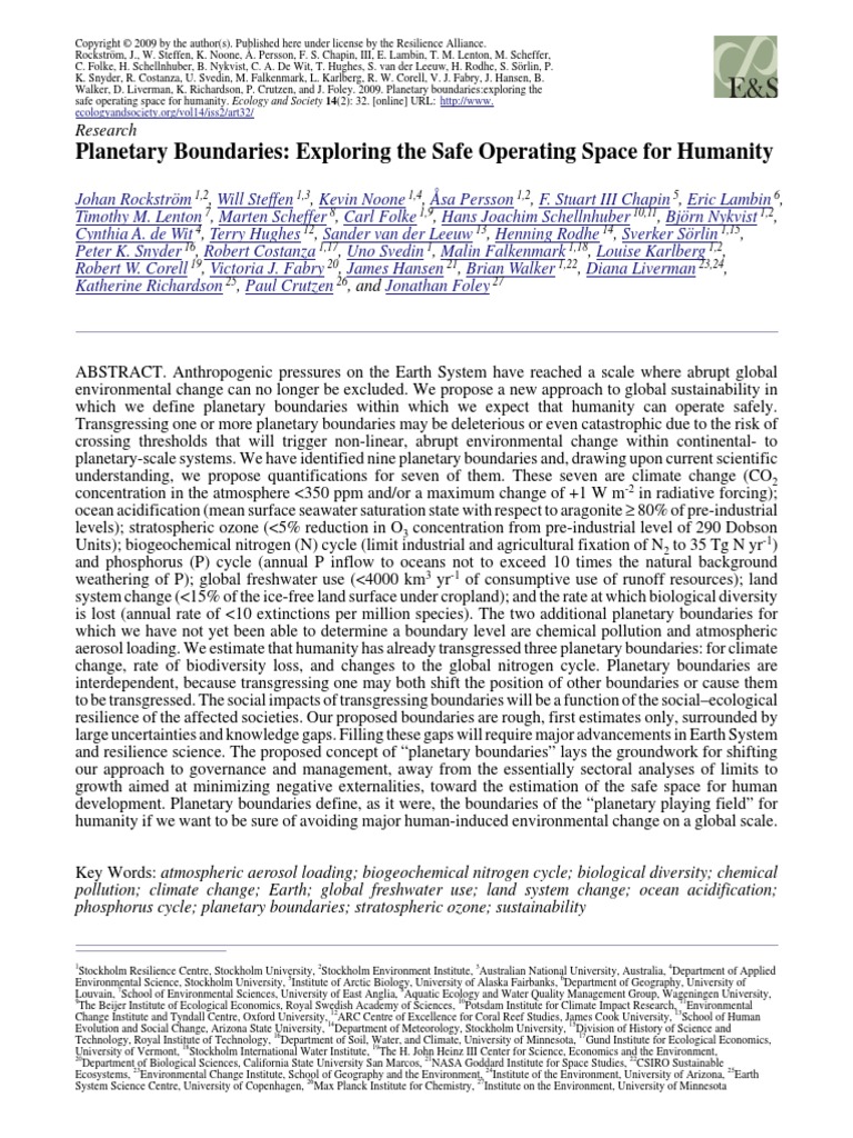 J ROCKSTRÖM Planetary Boundaries. Exploring The Safe Operating Space ...