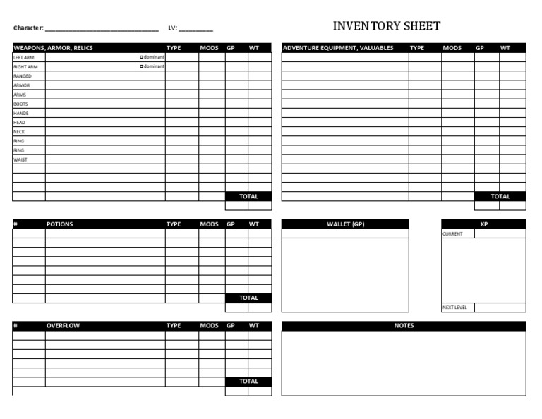 RPG Inventory Management Sheet | PDF