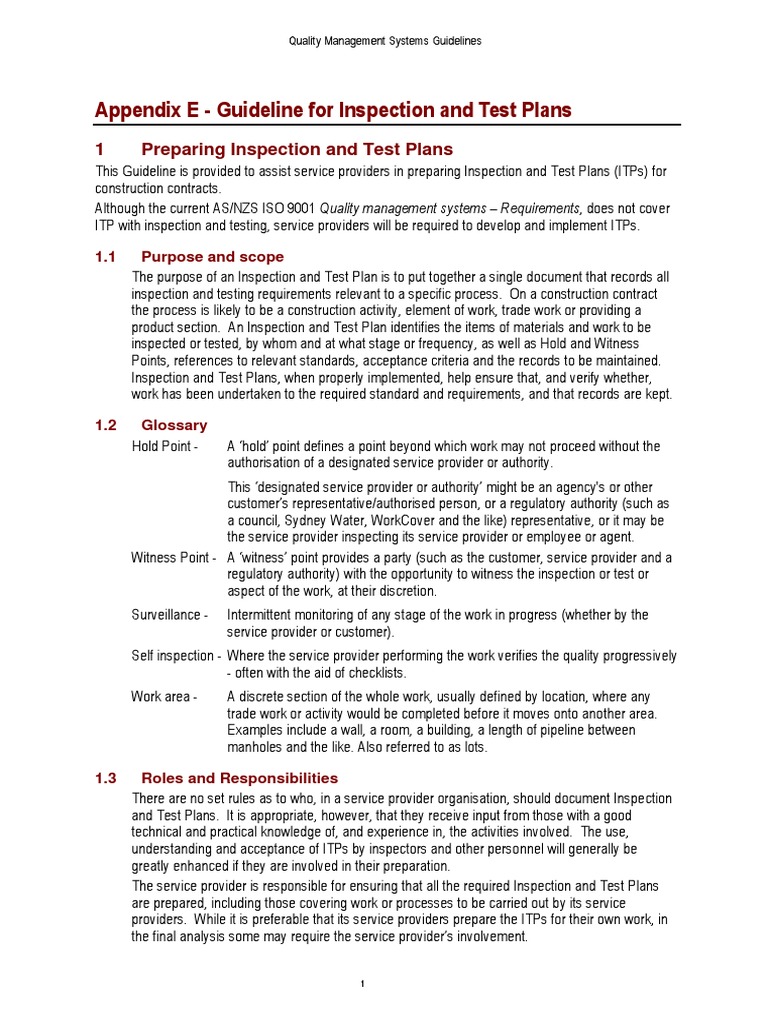 ITP (Inspection and Test Plans) - NSW, AUS | Specification (Technical ...