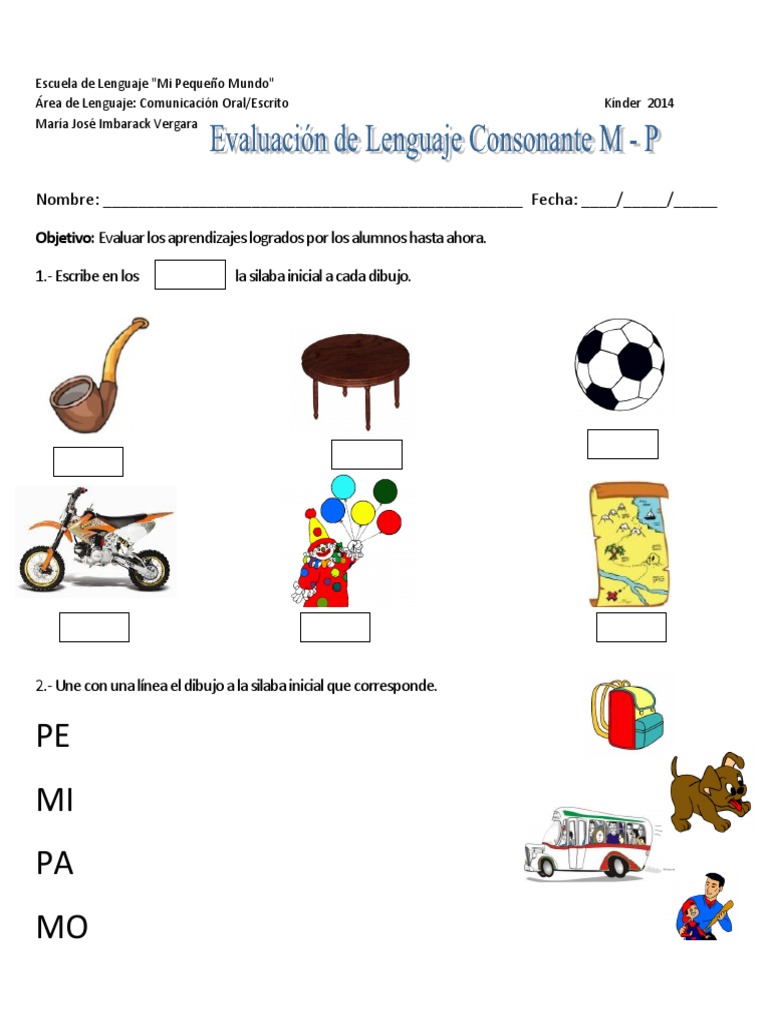 Evaluación de Consonantes M y P en Kínder | PDF | Artes del Lenguaje y ...
