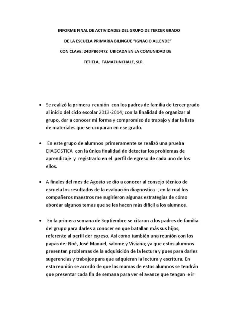 Informe Final de Actividades Del Grupo de Tercer Grado | PDF | Salud y ...
