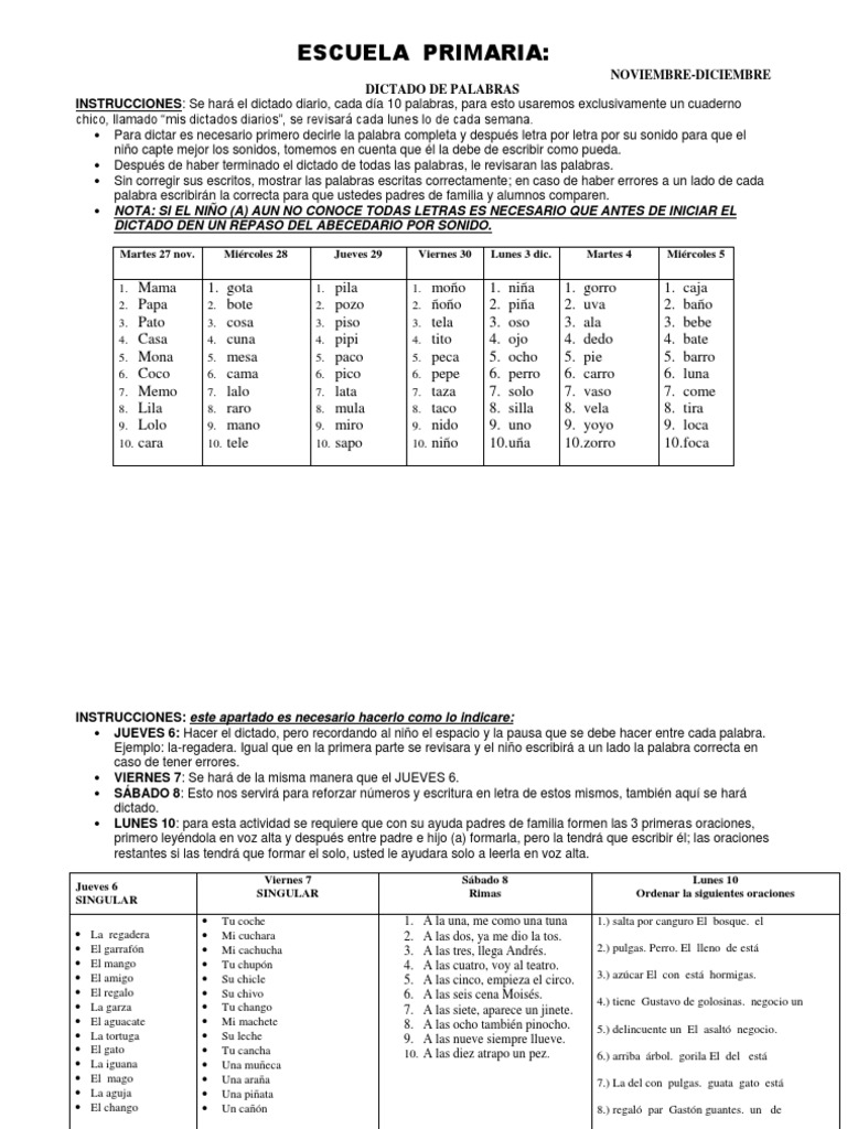 Dictado de Oraciones de Primero | PDF