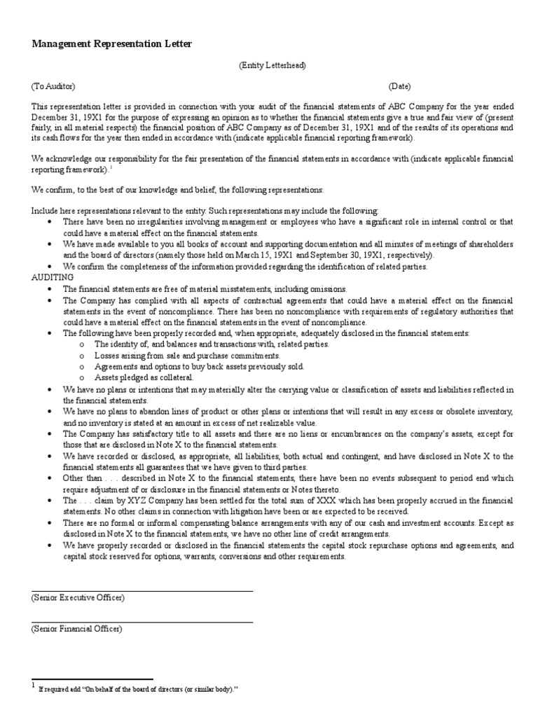 Management Representation Letter: If Required Add "On Behalf of The ...