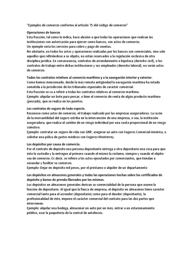 Ejemplos de Comercio Conforme Al Artículo 75 Del Código de Comercio