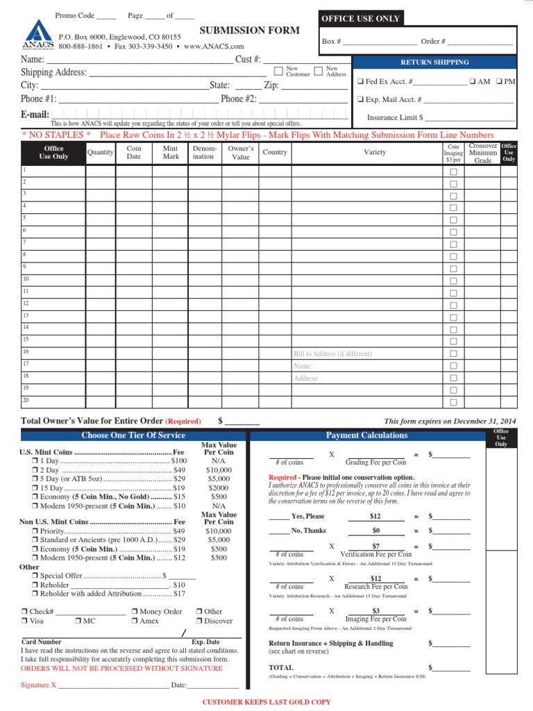 Submissionform (ANACS | PDF | Coins | Collecting
