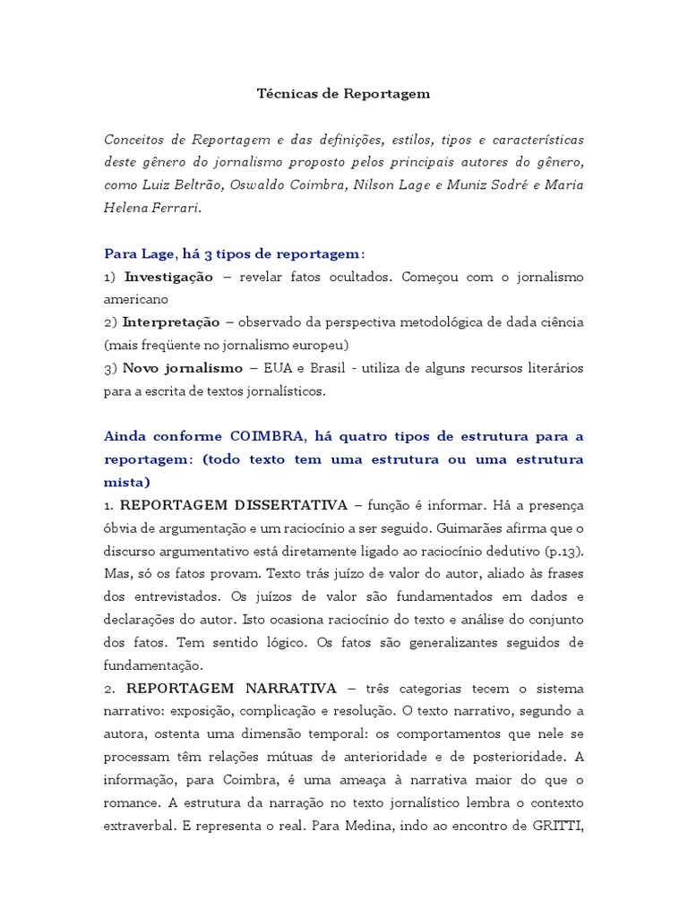 Tipos e Técnicas de Reportagem | PDF | Jornalismo | Narração