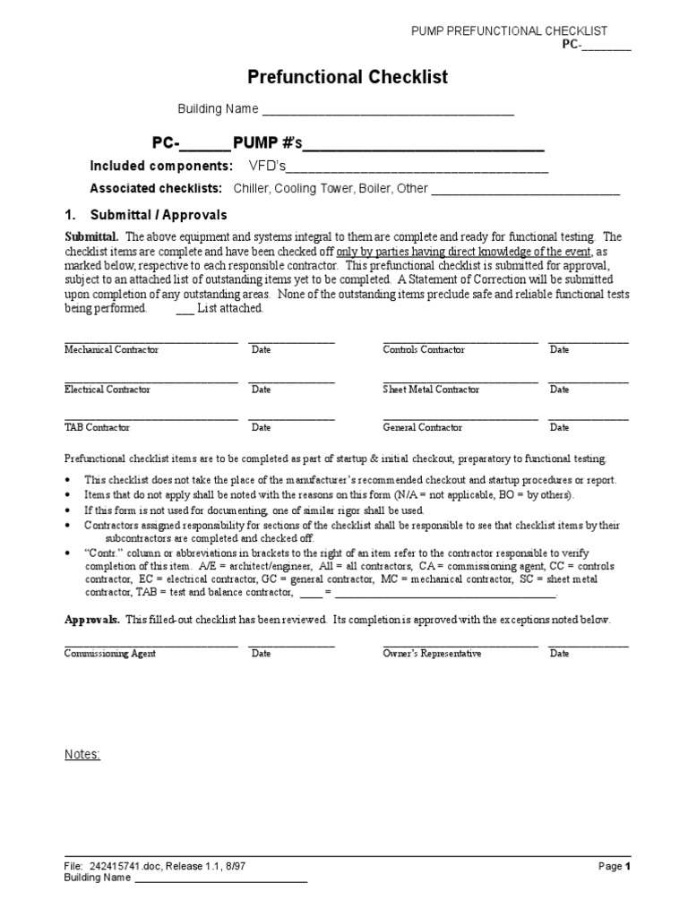 Prefunctional Checklist: PC - PUMP #'S | PDF | Industries | Engineering