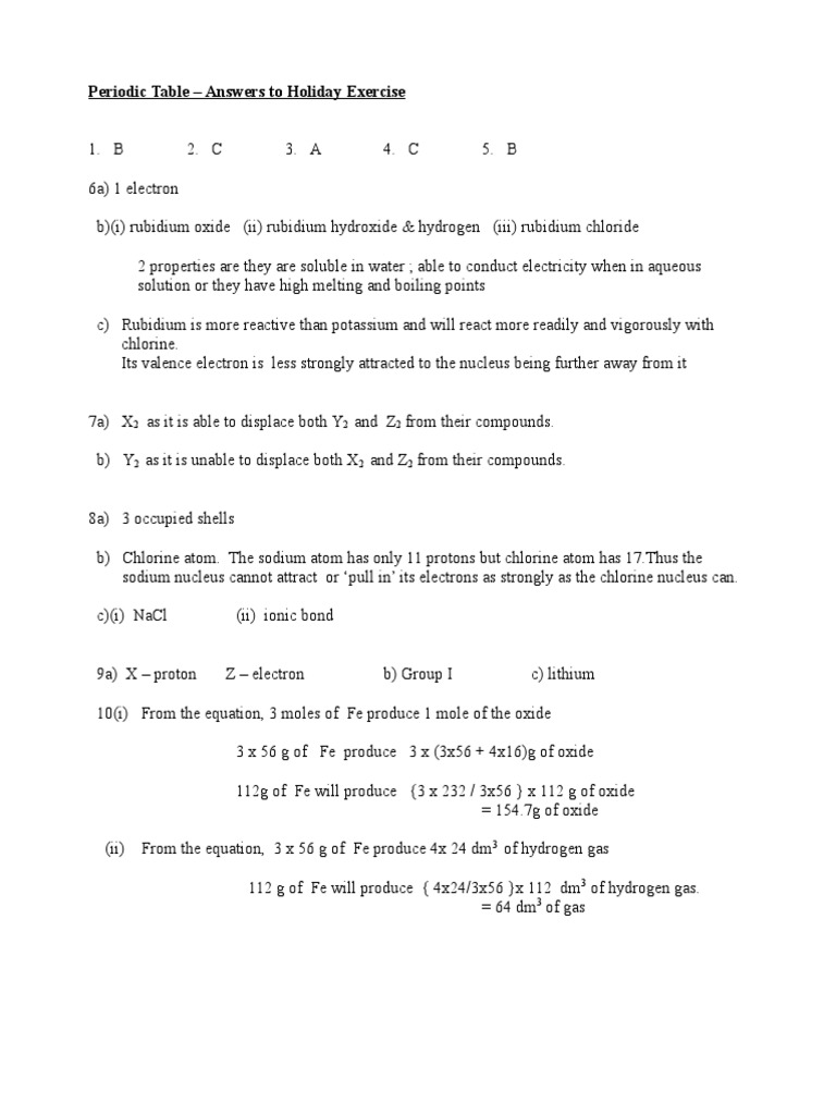 Holiday Exercise Answers: Periodic Table | PDF | Science & Mathematics