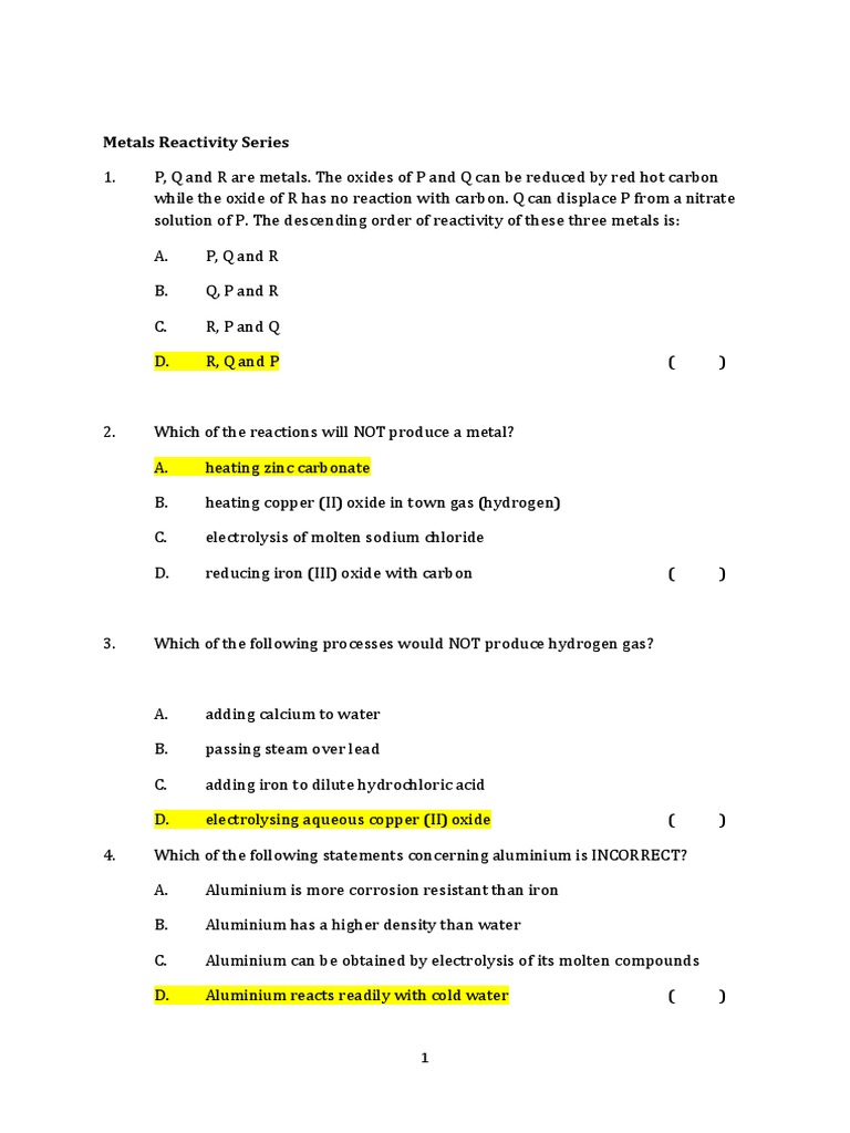Metals Reactivity and Reactions Quiz | PDF | Oxide | Magnesium