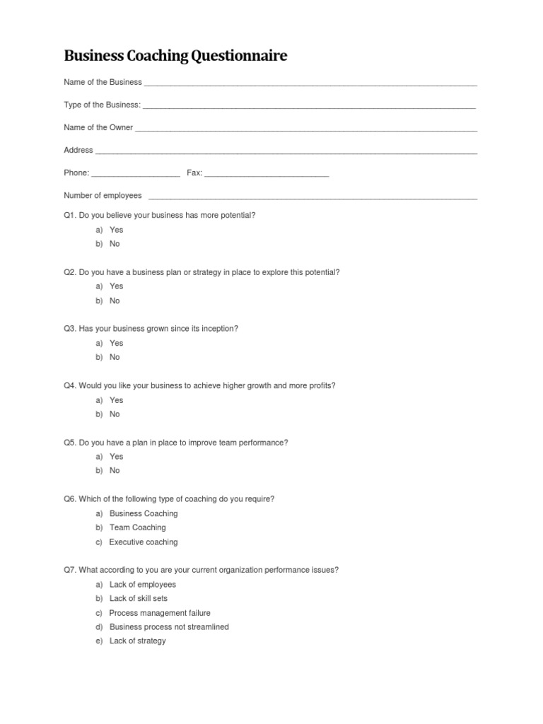 Business Coaching Questionnaire | PDF