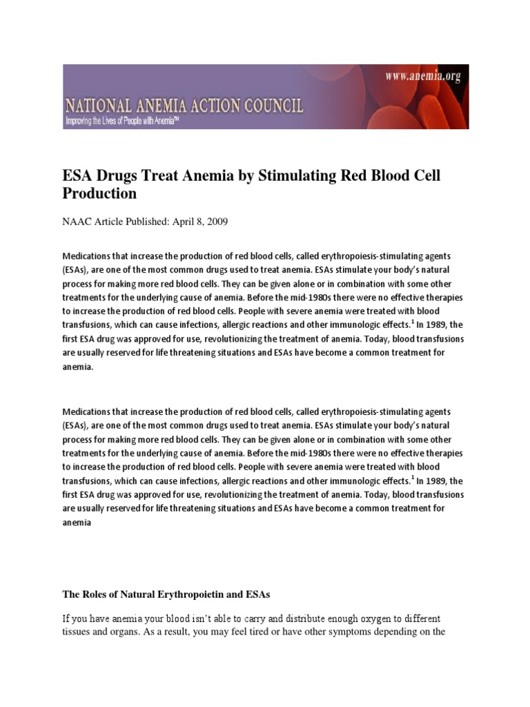 Article On ESA Drugs That Treat Anemia | PDF | Anemia | Medicine