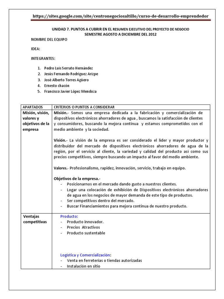 Formato para Informe Ejecutivo Del Plan de Negocio | PDF | Producto ...