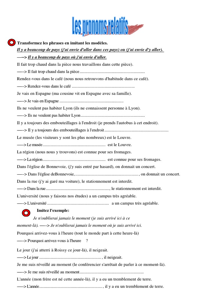 0 Exercices Les Pronoms Relatifs | PDF