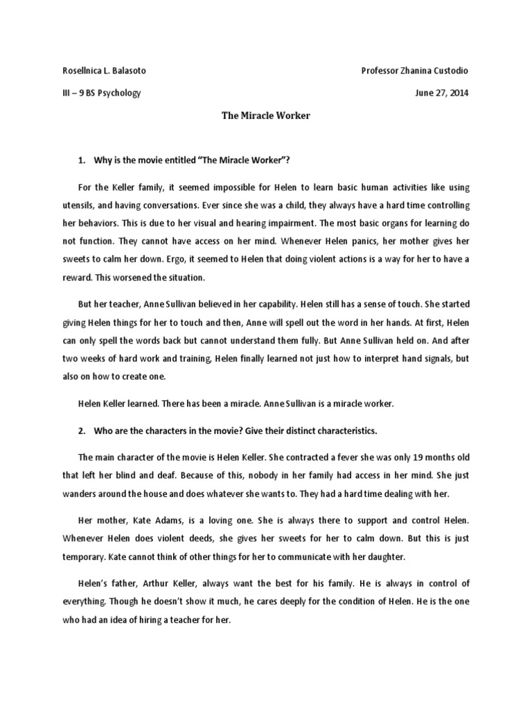 Miracle Worker | PDF | Helen Keller | Behavioural Sciences