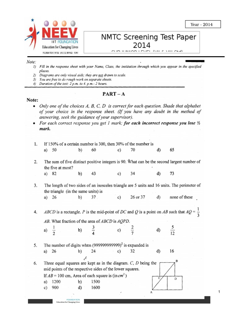 NMTC 2014 Screening Test Paper Sub-Junior 7-8 | PDF