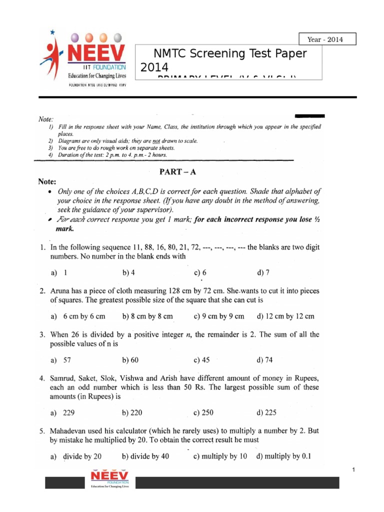 NMTC 2014 Screening Test Paper Primary 5-6 | PDF