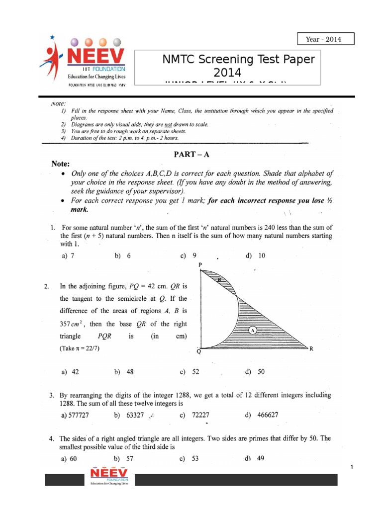 NMTC 2014 Screening Test Paper Junior 9-10 | PDF
