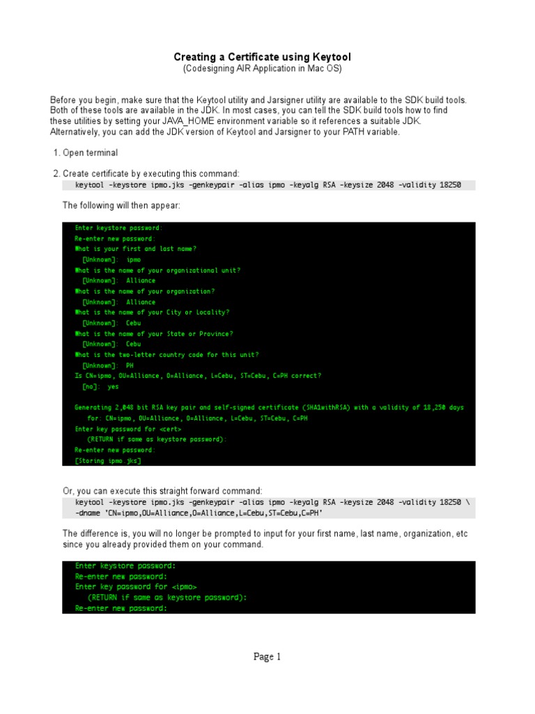 Creating Certificate Using Keytool - Mac OS | PDF | Operating System ...
