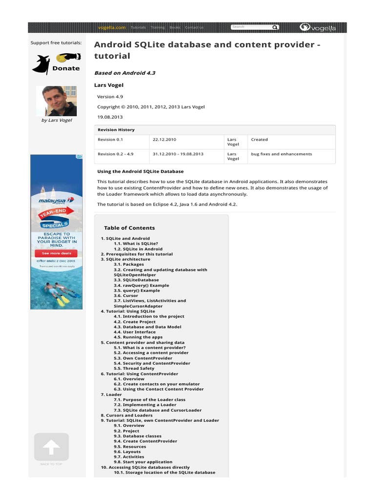Android Sqlite Database and Content Provider - Tutorial: Based On Android 4.3 Lars Vogel ...