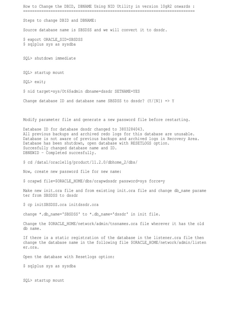 Change SID or DATABASE Name in Oracle 11g | PDF